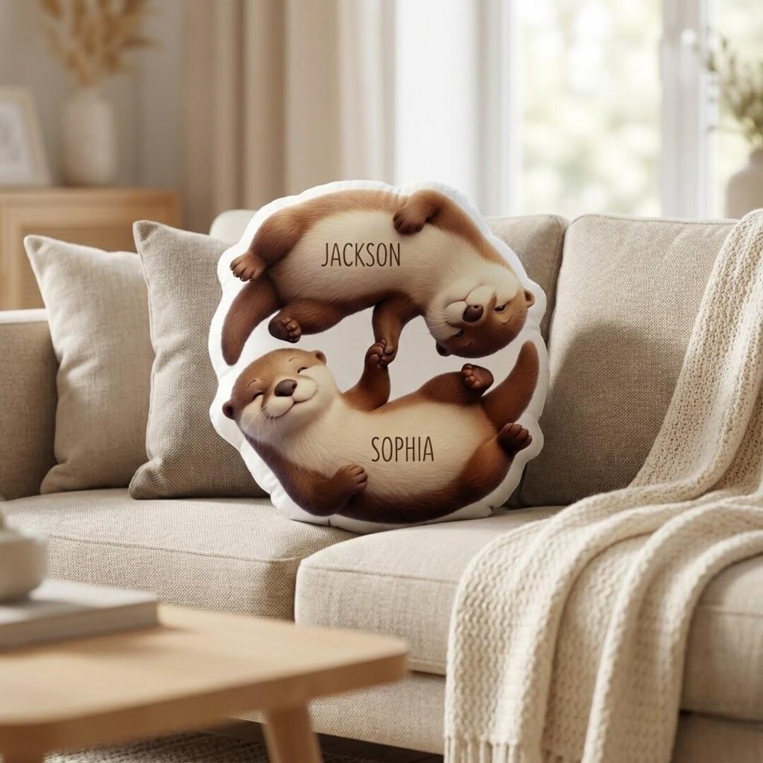Personalized Plush Pillow: Cartoon Otter Pair, Hand-holding Design ...