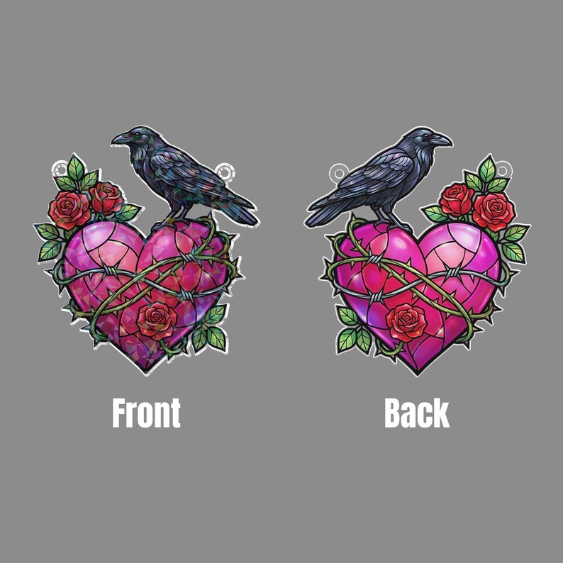 Faux Stained Glass Raven Window Hanging – Heart Motif, Barbed Wire ...