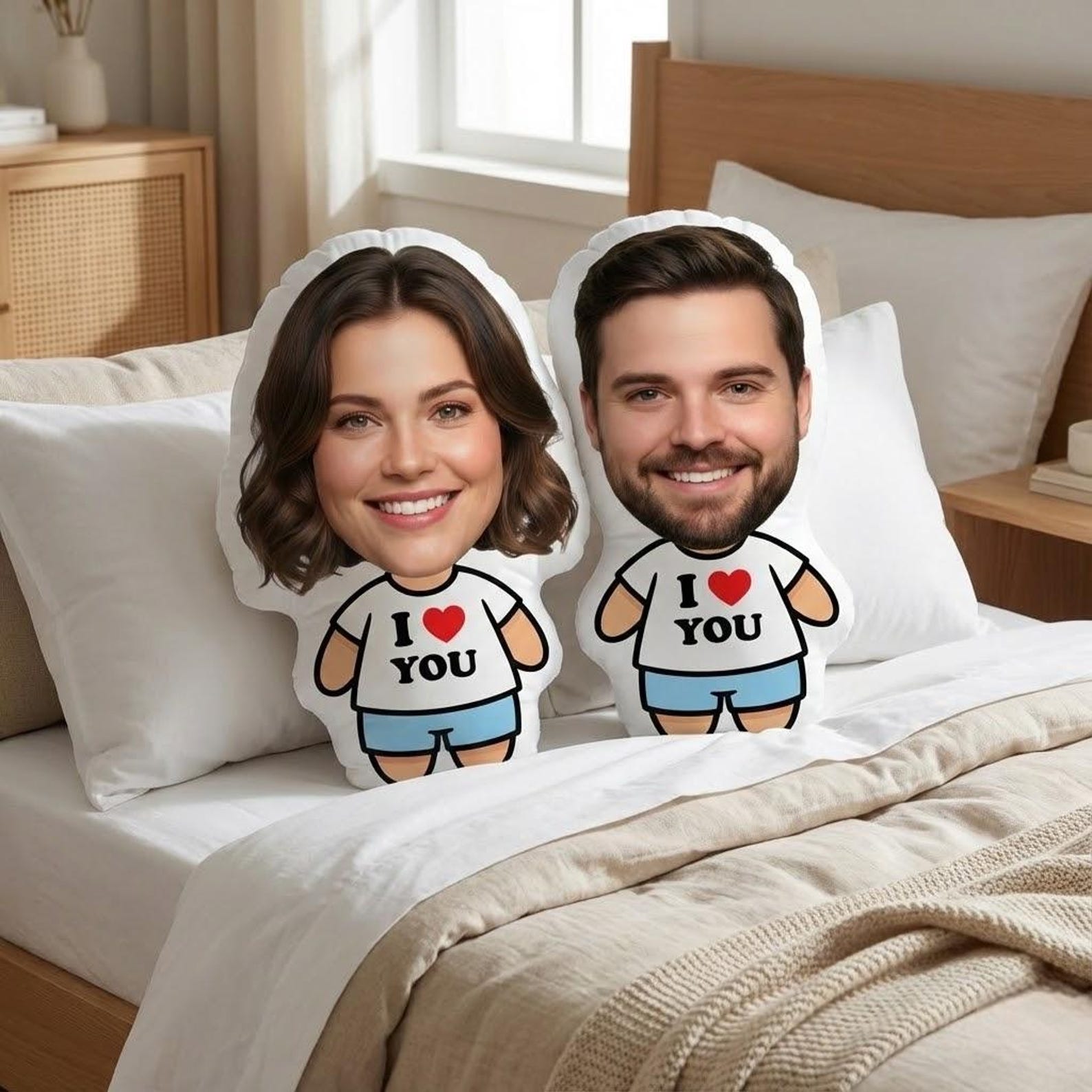 Custom Plush Couple Pillow: Photo Face Design, Cartoon Outfit Print ...