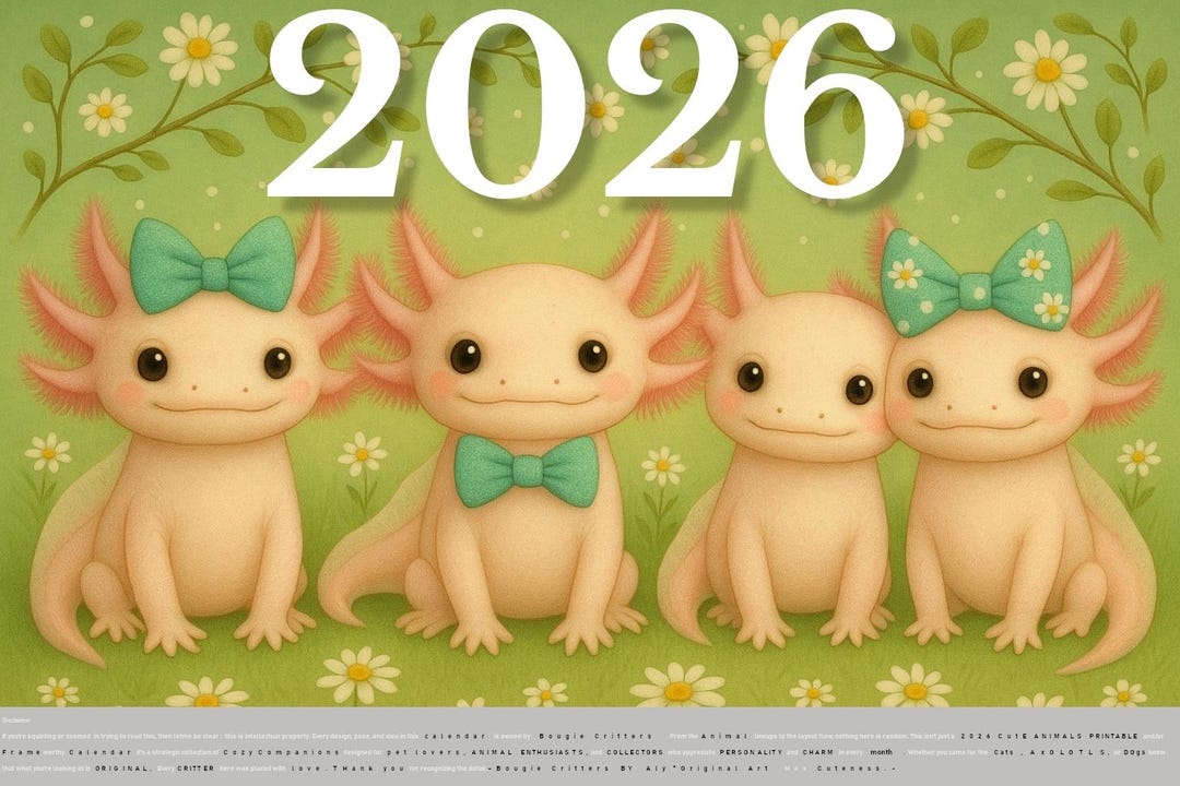 Axolotls Cute Animal Calendar 2026 | Bougiecritters by Aly | Cute ...