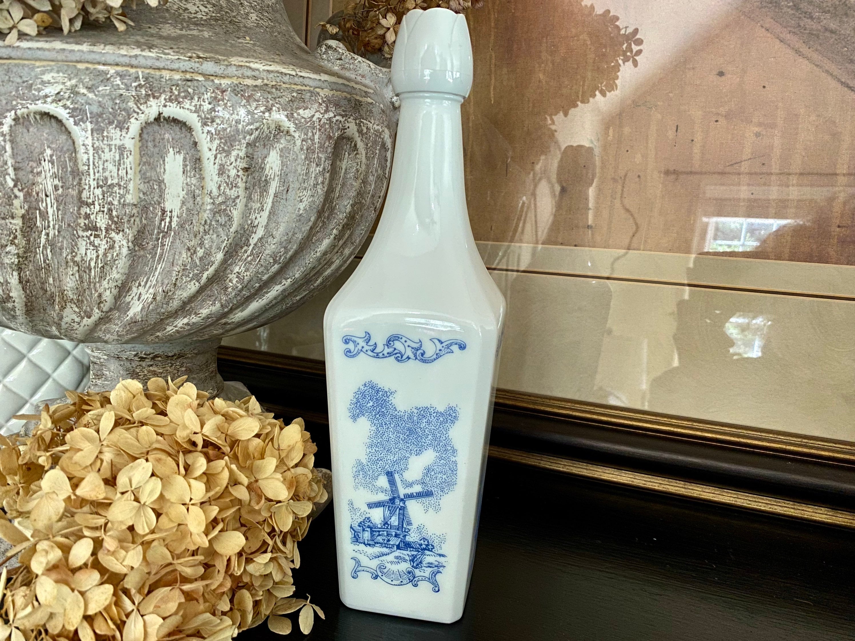 Milk Glass Liquor Bottle, Windmill Bottle, Vandermint Liqueur Bottle - Etsy