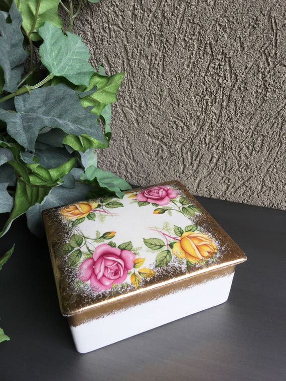 Floral Trinket Box, Vintage Trinket Box, Square Trink… - Gem
