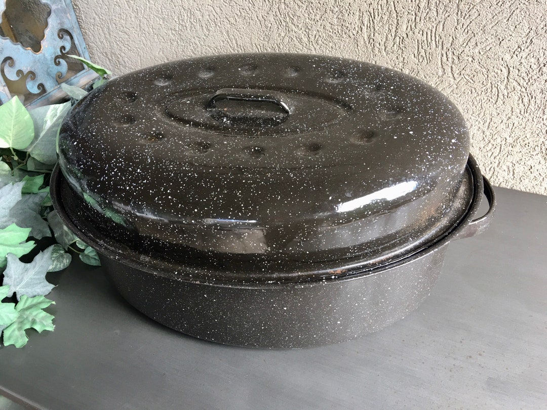 Enamel Roasting Pan With Lid, Vintage Enamel Roaster, Black Enamel ...