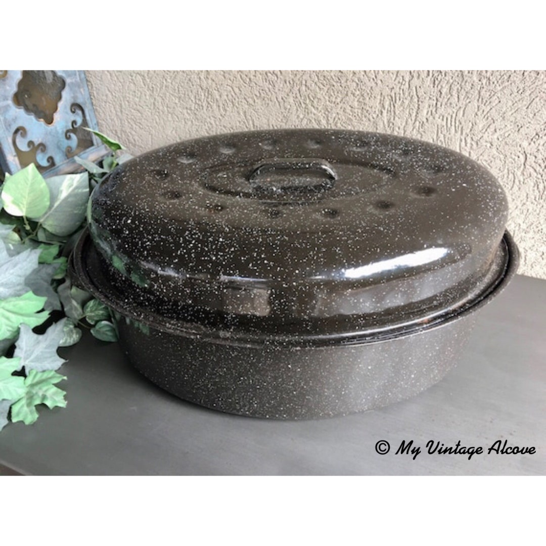 Enamel Roasting Pan With Lid, Vintage Enamel Roaster, Black Enamel ...