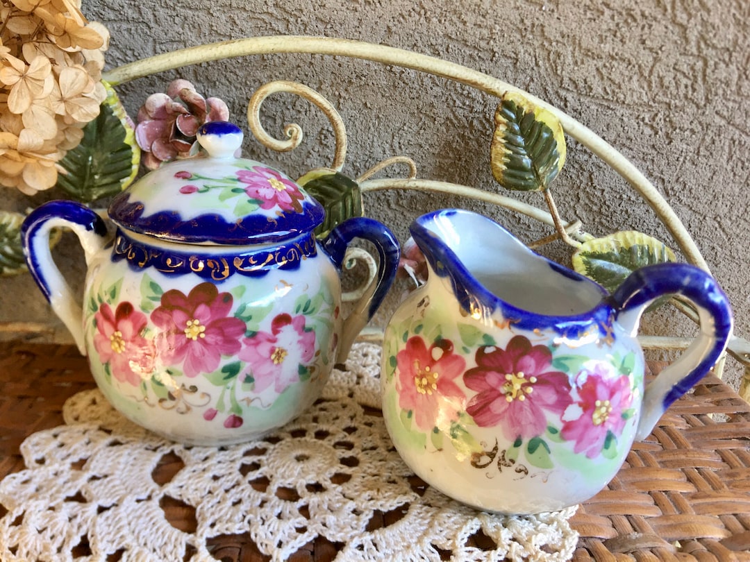 Vintage Sugar and Creamer Set, Blue and Pink Floral Vintage Creamer and ...