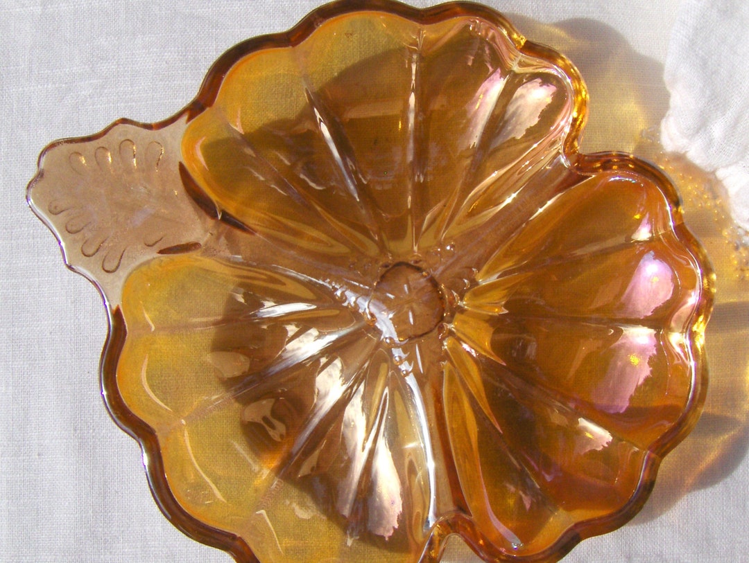 Iridescent Orange Depression Glass Candy Dish, Jeannette Marigold ...