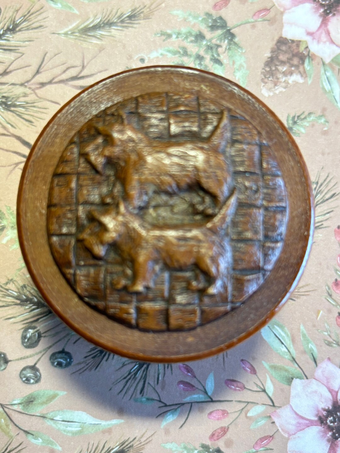 Unique Wood Box Pressed Wood Design on Cover Two Scotties Vintage Rare ...
