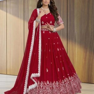 Red Lehenga Choli With Dupatta Sequence& Thread Work Bridesmaids Wear ...