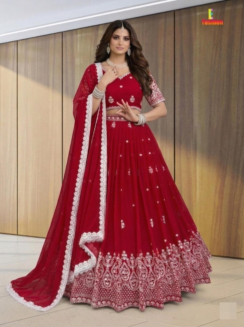 Red Lehenga Choli With Dupatta Sequence& Thread Work Bridesmaids Wear ...