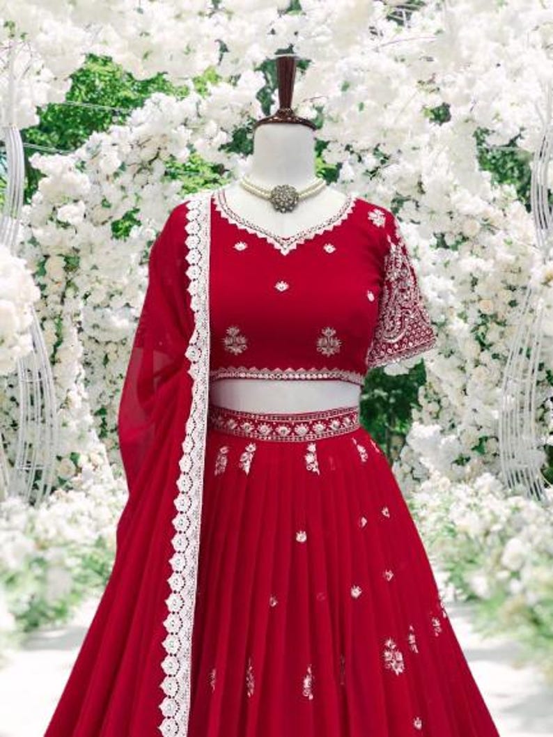 Red Lehenga Choli With Dupatta Sequence& Thread Work Bridesmaids Wear ...