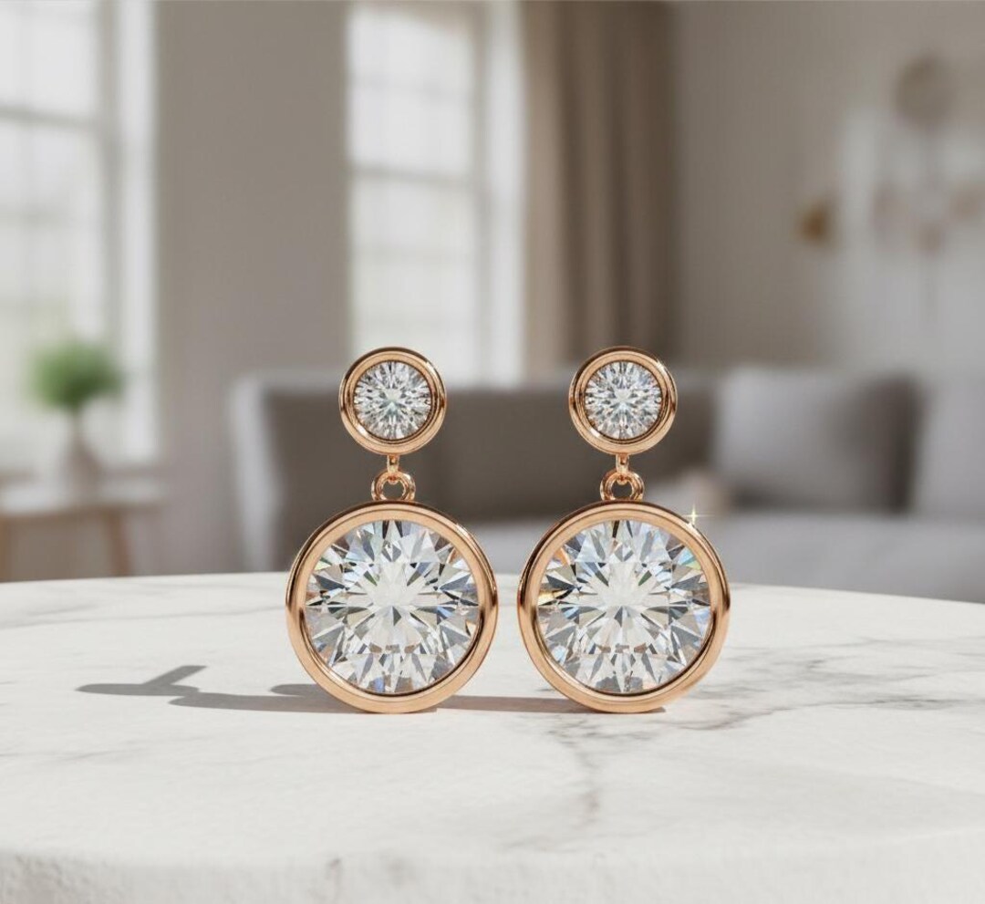 Lab Grown Diamond Drop Earrings – Round Brilliant Cut, Bezel Setting - Etsy