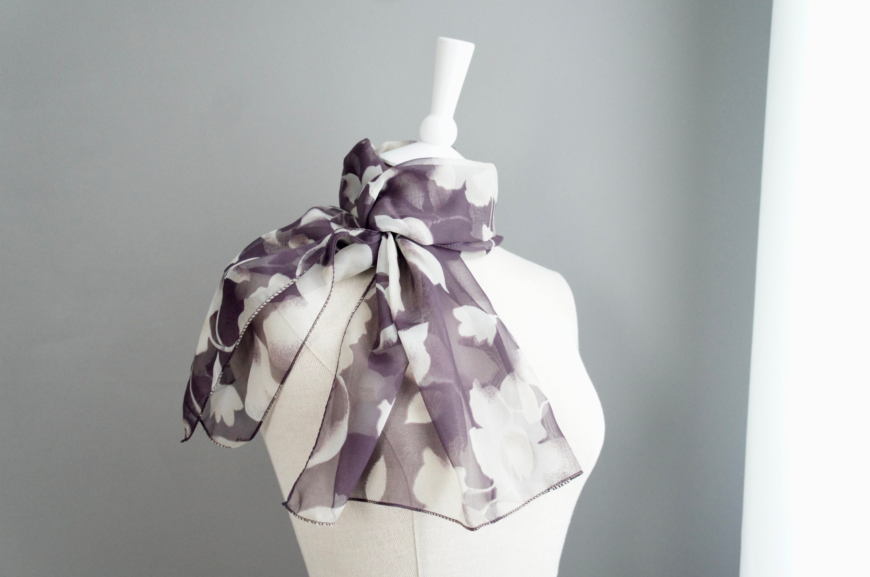 Long Sheer Floral Scarf, Purple & White Long Sheer Shawl Scarf, Sheer ...