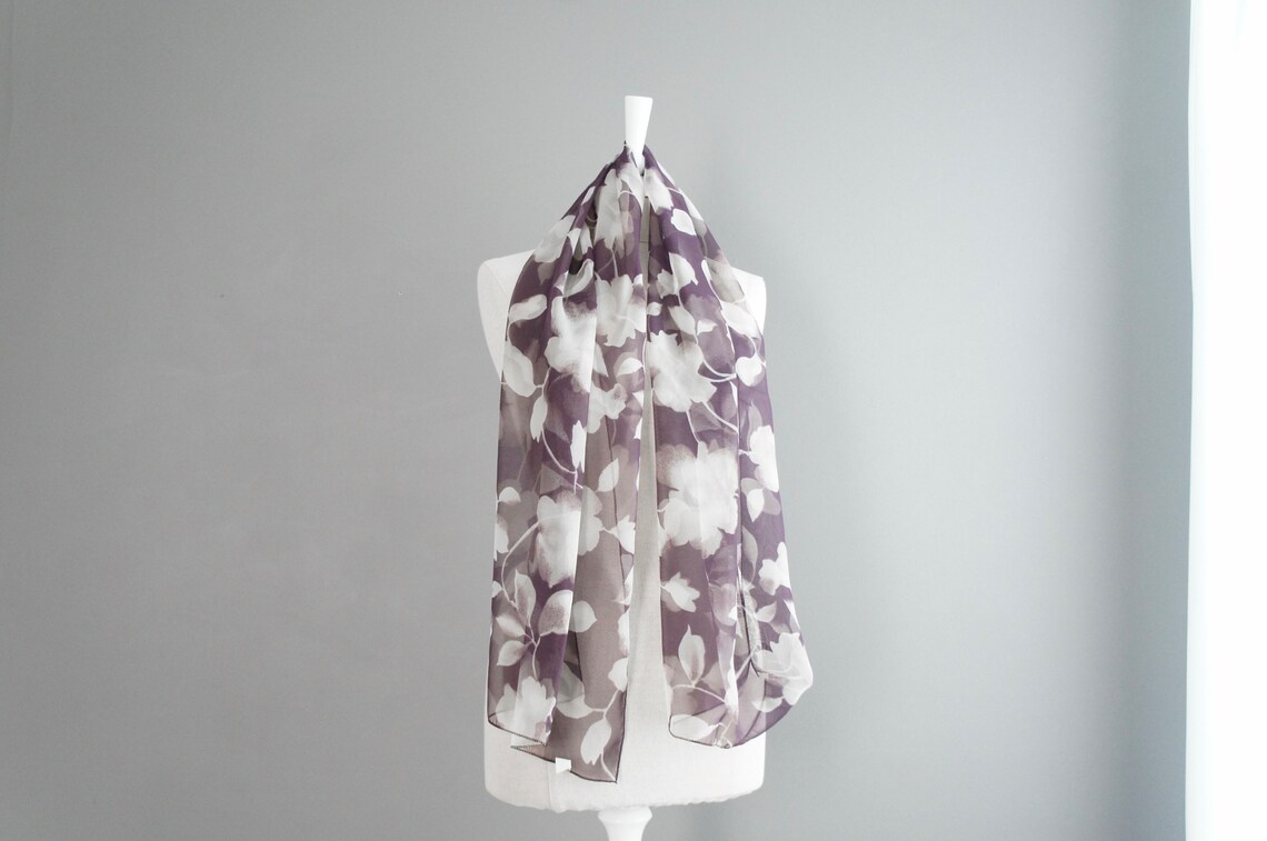 Long Sheer Floral Scarf, Purple & White Long Sheer Shawl Scarf, Sheer ...