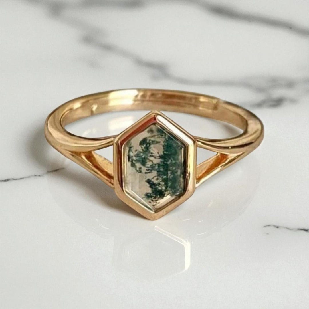 Natural Moss Agate Hexagon Ring, 14K Gold Solitaire, Vintage Style - Etsy