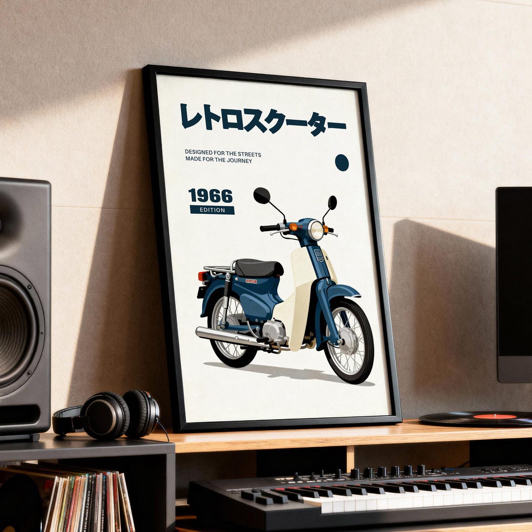 Retro Japanese Scooter Poster, Vintage Motorcycle Wall Art, Minimalist ...