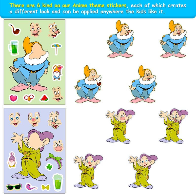 6 Sheets Dwarf Stickers,cute Face Swap Stickers,diy Stickers,creative ...