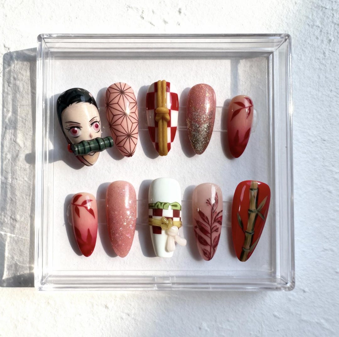 Nezuko Press on Nails | Demon Slayer Anime Nails | 3D Bamboo & Kimono ...