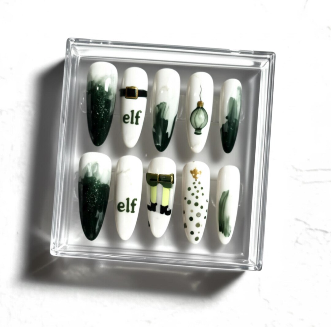 Elf Christmas Inspired Press on Nails | Green & White Holiday Nail Set ...
