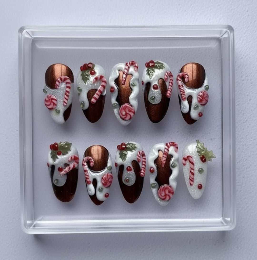 Christmas Candy Drip Press on Nails | 3D Candy Cane & Peppermint Nail ...