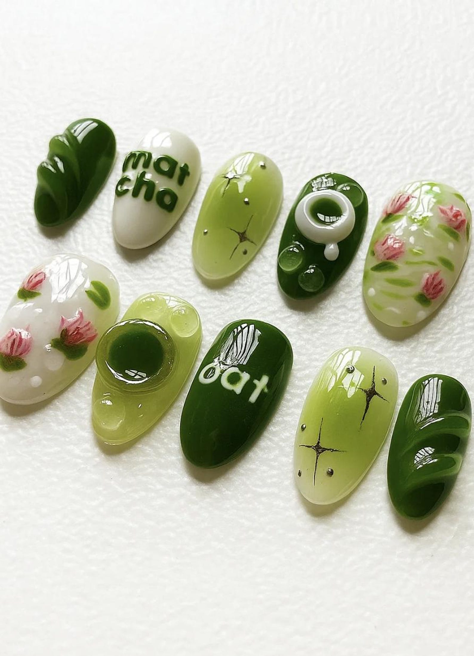 Handmade Matcha Press on Nails: 3D Kawaii Green Tea Nail Art - Etsy