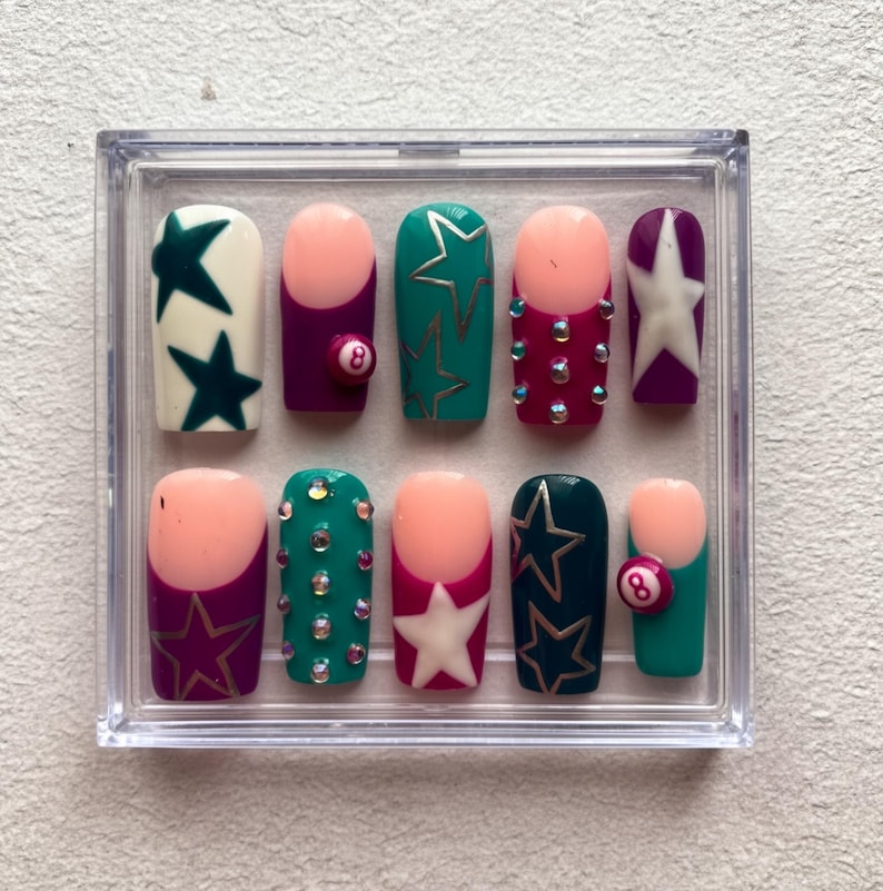 Y2K Star Press on Nails | Retro Pop Nail Set | 8 Ball Nails | Handmade ...