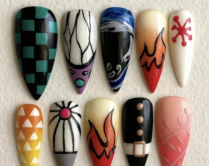 Demon Press on Nails, Kimetsu No Yaiba Anime Nails, Tanjiro Zenitsu ...
