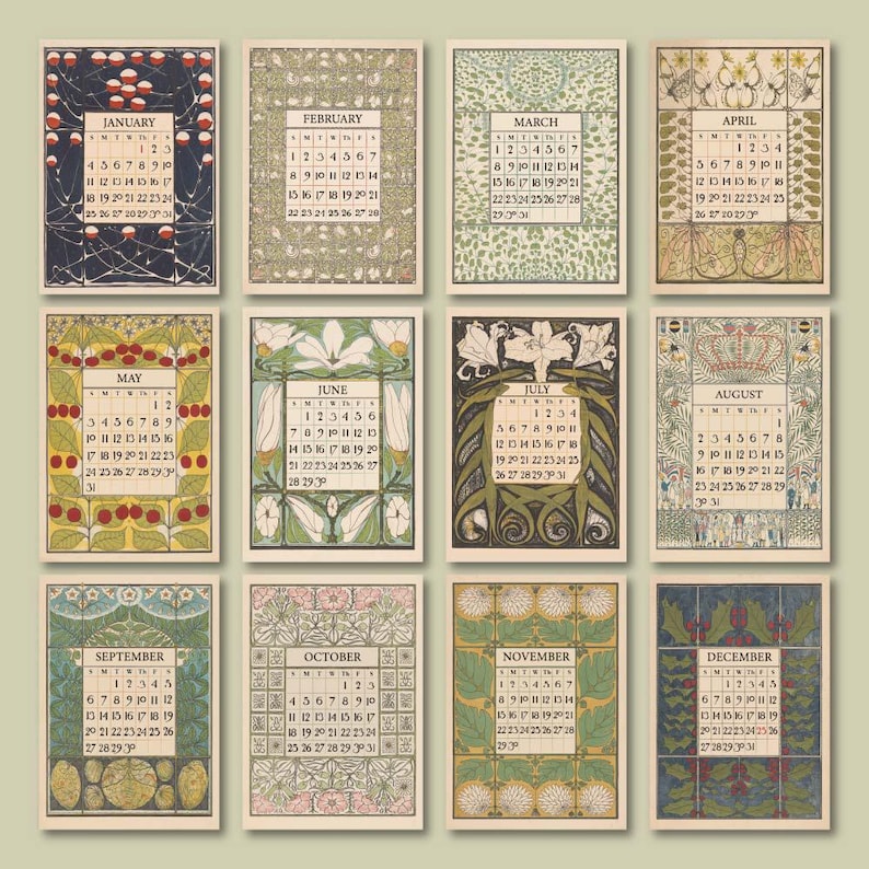 2026 Vintage Floral Calendar Printable, Art Nouveau Style (digital ...