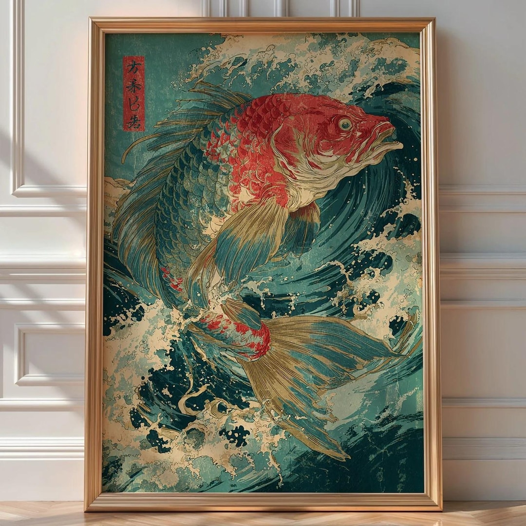 Japanese Woodblock Print of Stormy Seas Vintage Ocean Wave Art With ...