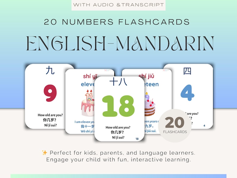 Number Flashcards 1–20 | Mandarin-english-pinyin With Audio | Bilingual ...