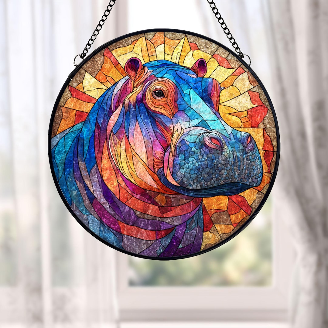 Hippo Stained Glass Suncatcher, Colorful Hippopotamus Window Hanging ...