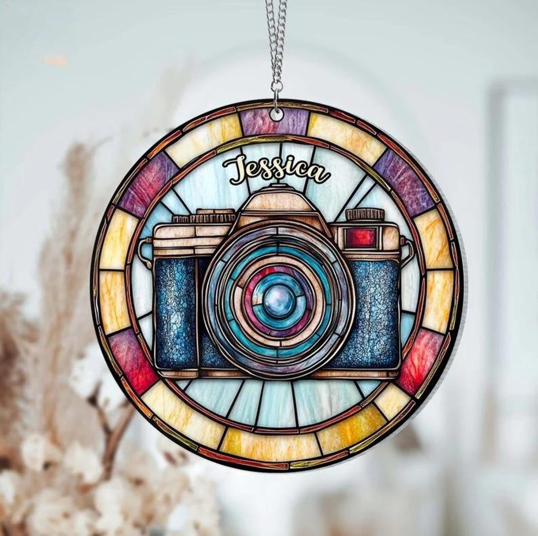 Personalized Camera Suncatcher, Custom Name Stained Glass Style Window ...