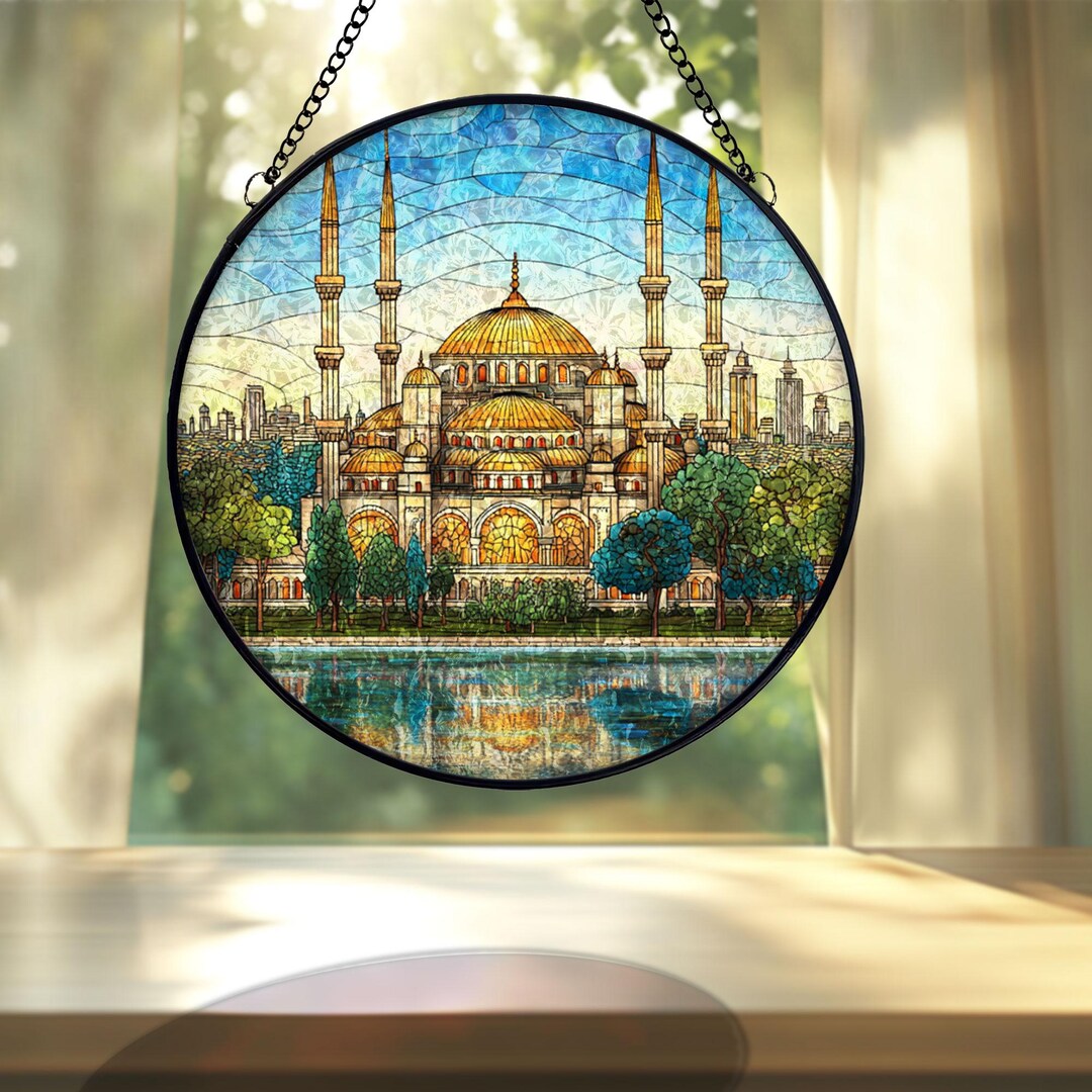 Mosque Stained Glass Suncatcher, Golden Dome Minaret Round Window ...