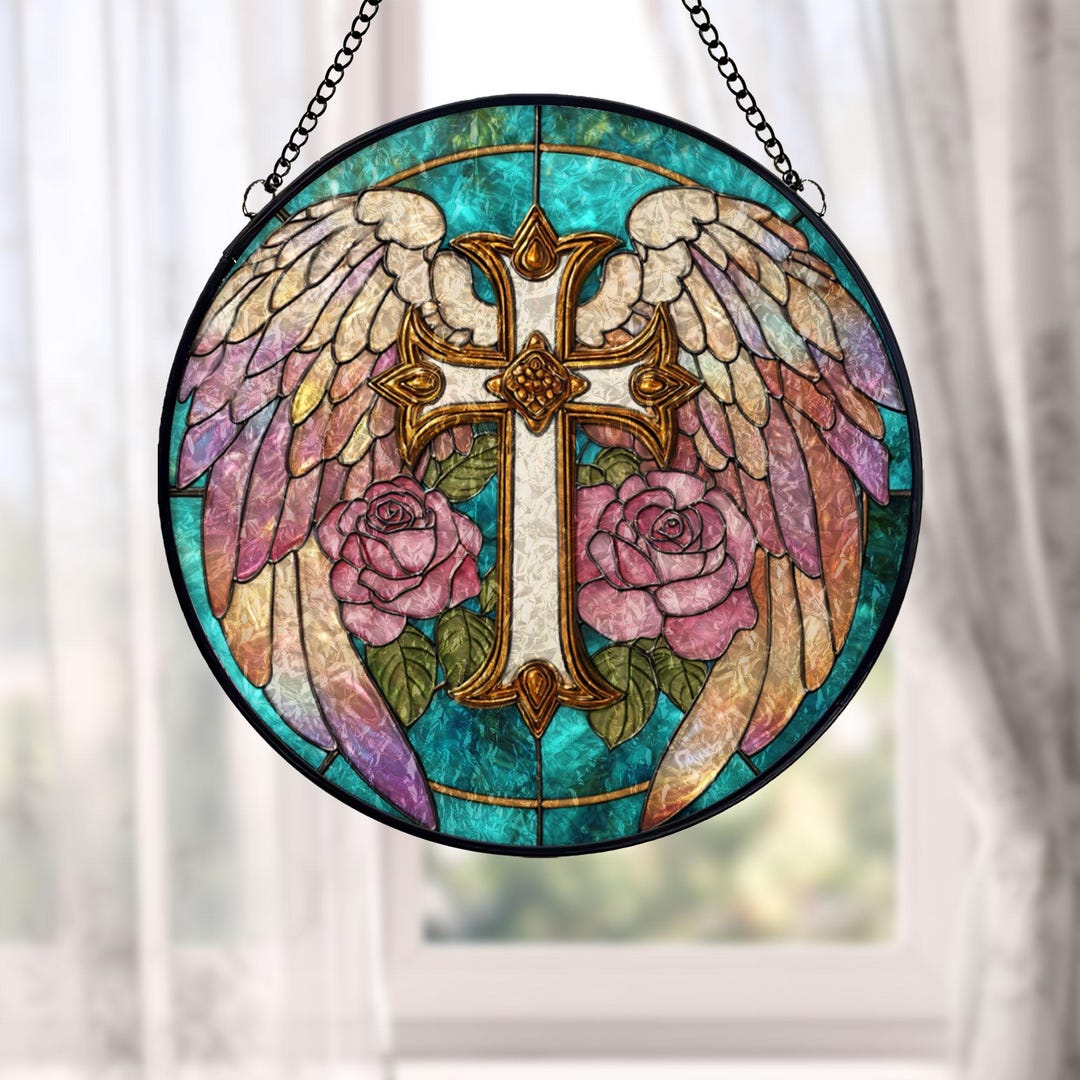 Christian Cross Stained Glass Suncatcher, Angel Wings and Rose Window ...