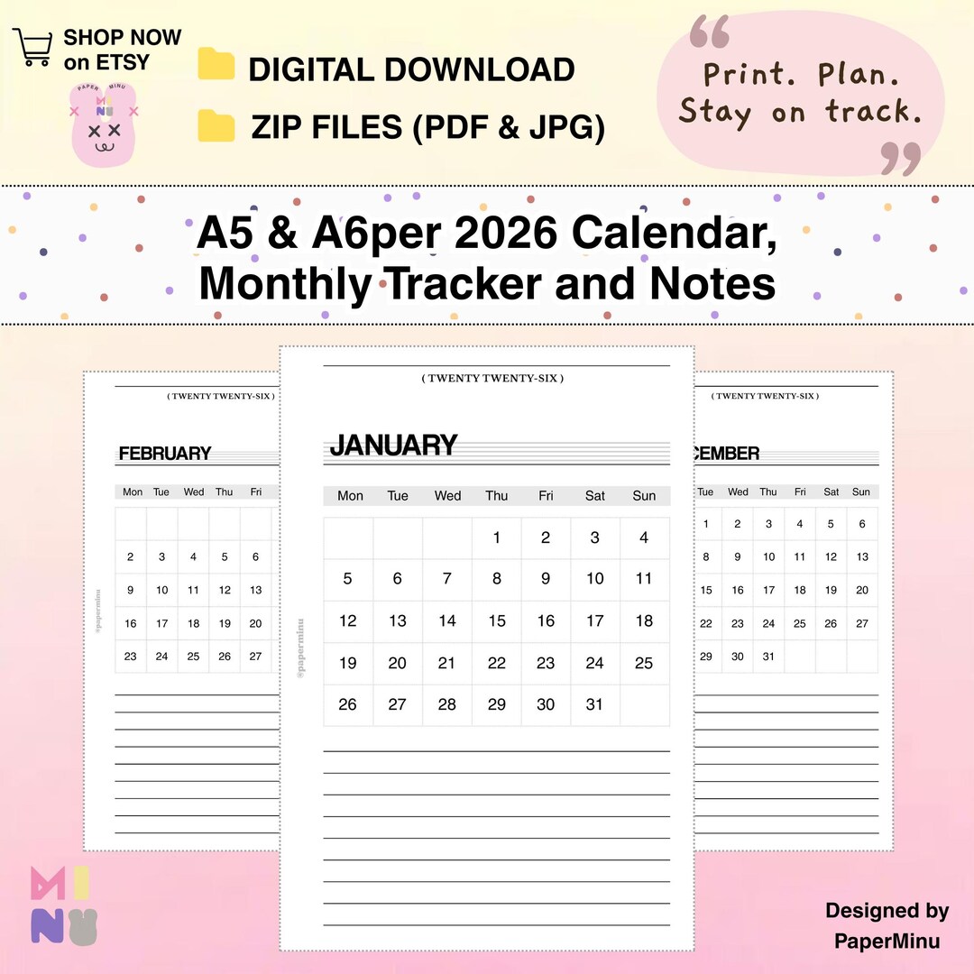 2026 Printable A5 & A6 Planner Calendar | Monthly Tracker and Notes ...