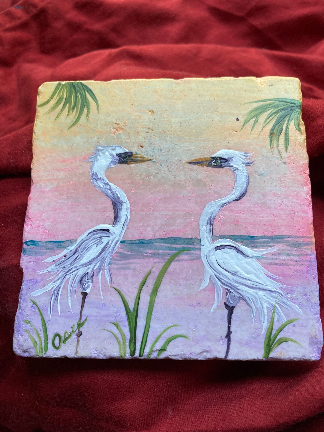 Hand Painted Egrets Coaster - Etsy
