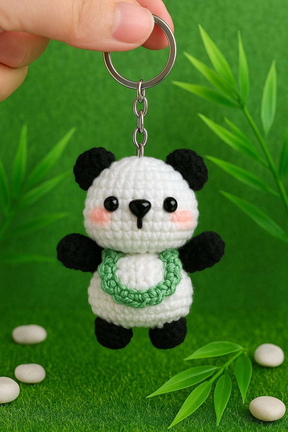 Crochet Panda Keychain: Handmade Kawaii Amigurumi Plush With Green ...