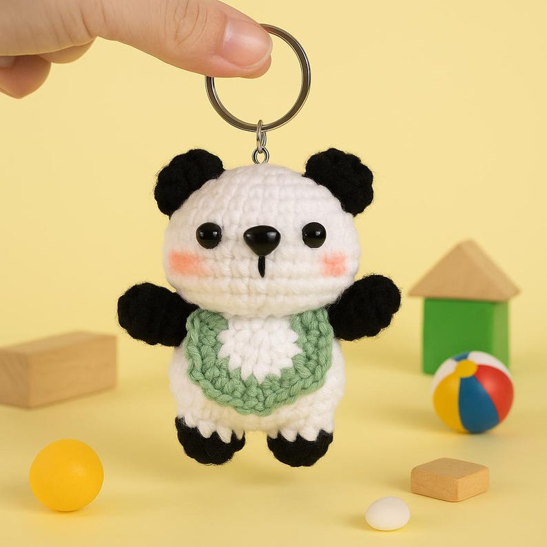 Crochet Panda Keychain: Handmade Kawaii Amigurumi Plush With Green ...