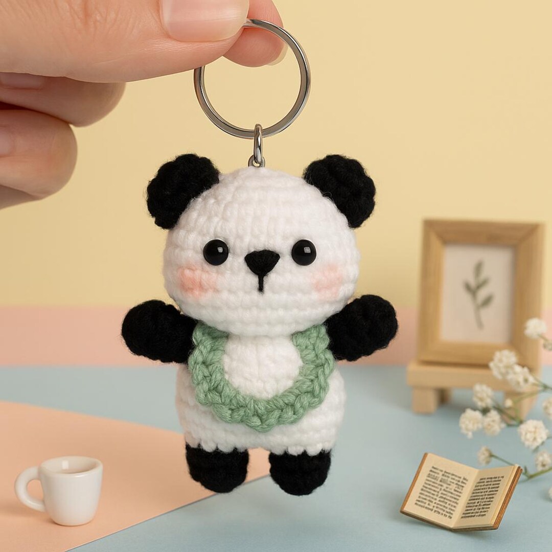 Crochet Panda Keychain: Handmade Kawaii Amigurumi Plush With Green ...