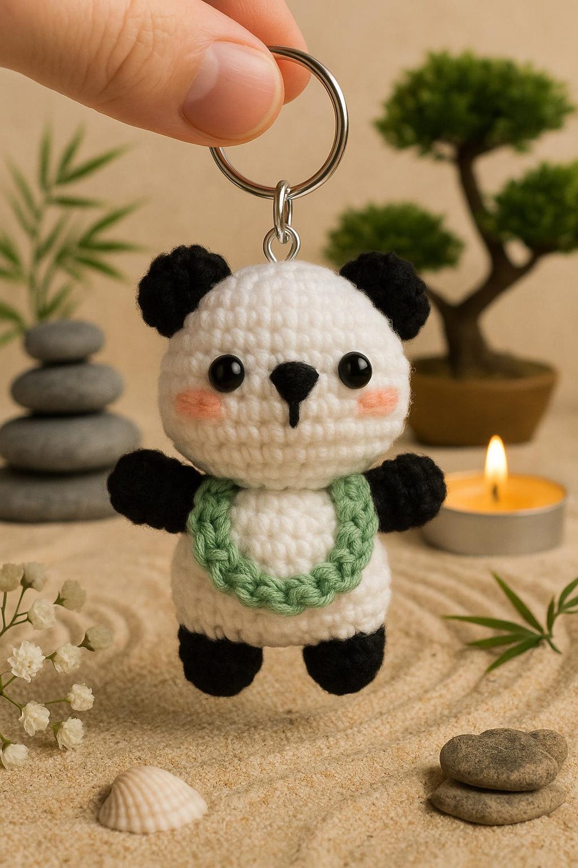 Crochet Panda Keychain: Handmade Kawaii Amigurumi Plush With Green ...