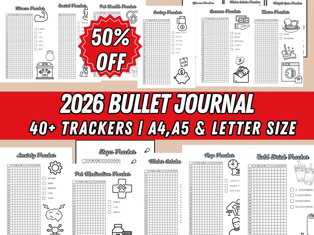 2026 Bullet Journal Trackers Bundle | Yearly A4 A5 US Letter - Dotted & Undotted Grid Trackers ...