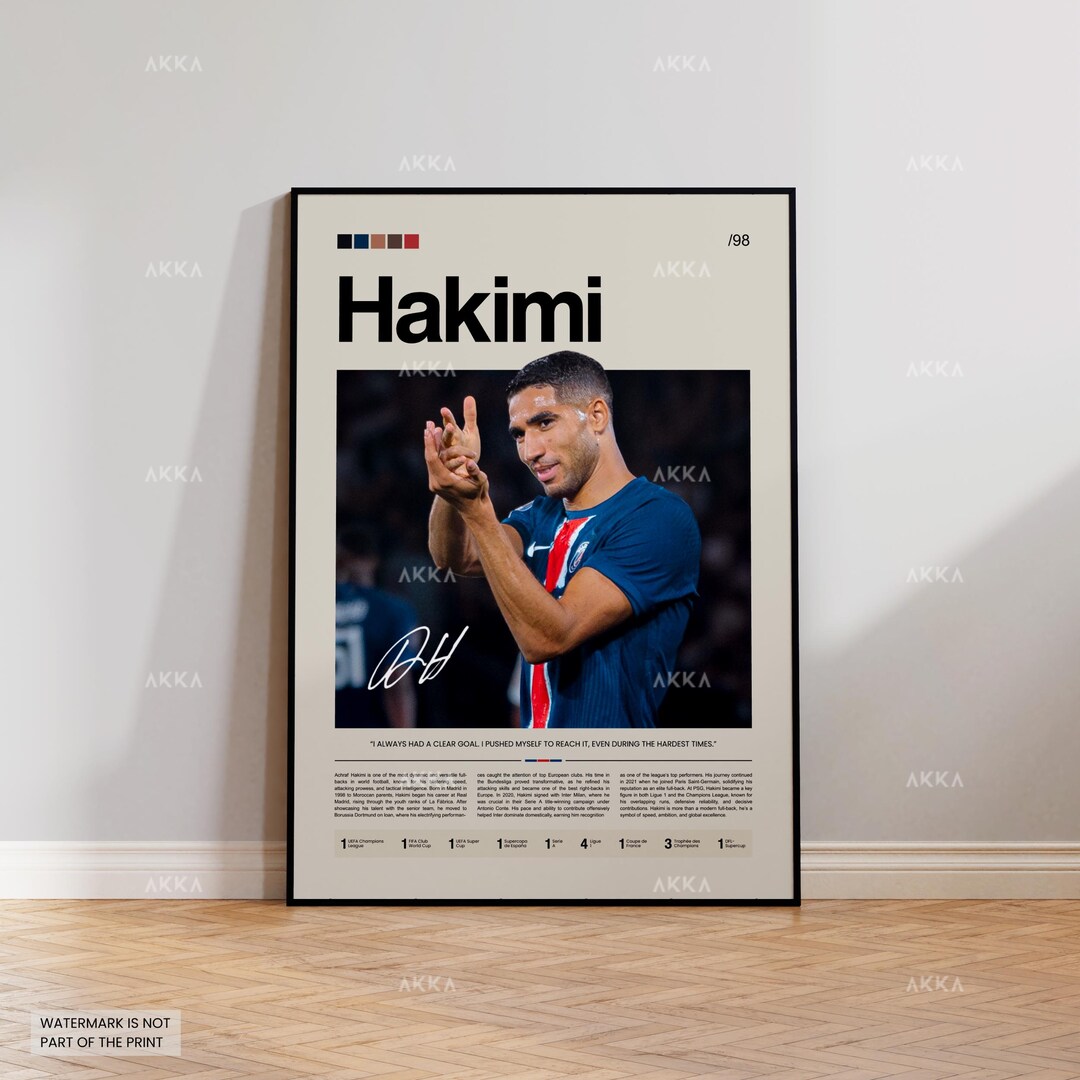 Achraf Hakimi Poster, Hakimi PSG Wall Art, Framed Hakimi Print, Paris ...