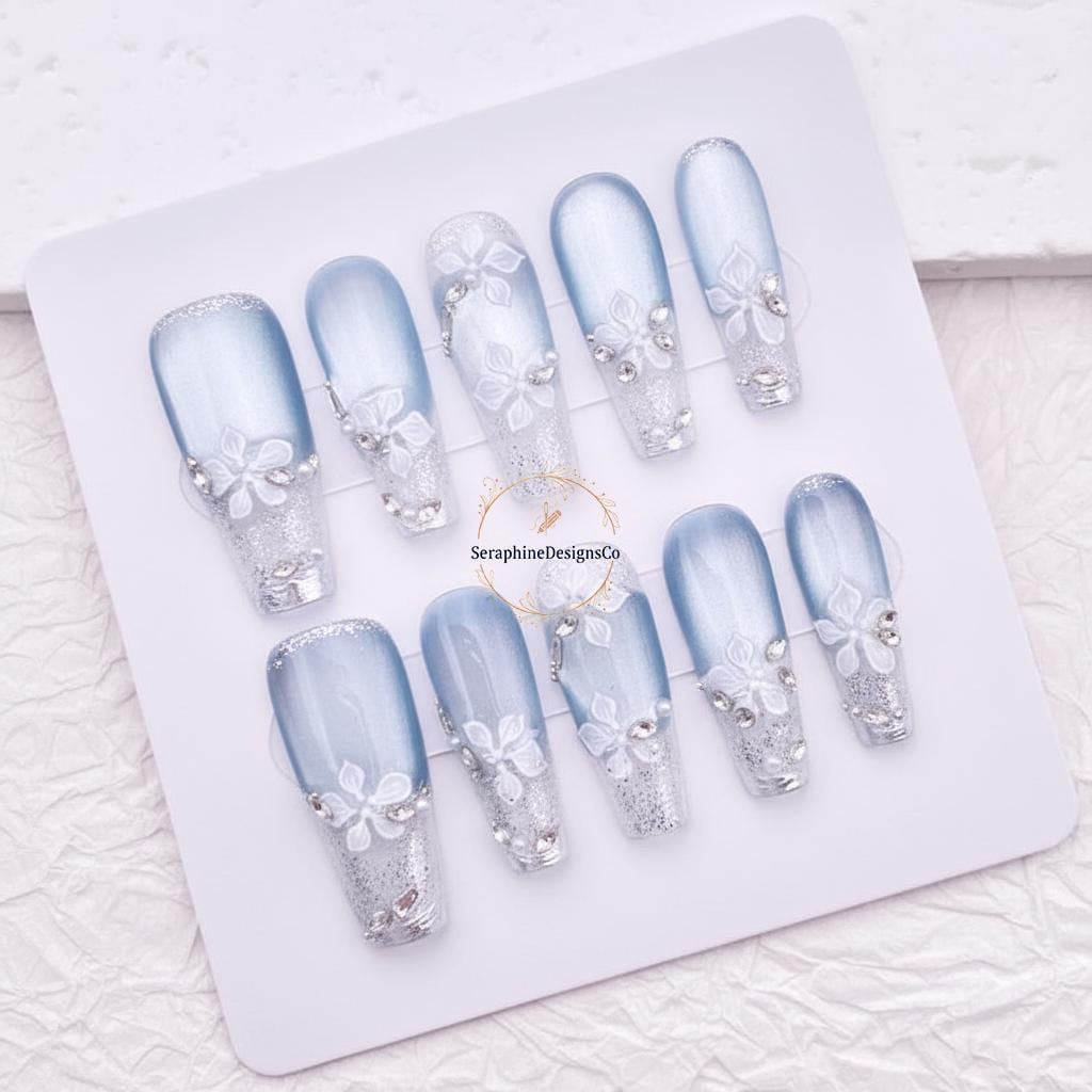 Blue Silver Press on Nails With Floral Design, Icy Ombre Long Square ...