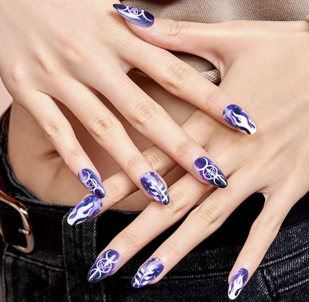 Cosmic Moon & Flame Press-on Nails - Purple Galaxy Nail Art, Witchy ...