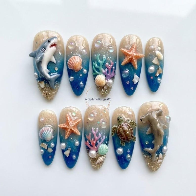 Ocean Press on Nails 3D Shark Turtle Starfish Seashell Design Blue ...
