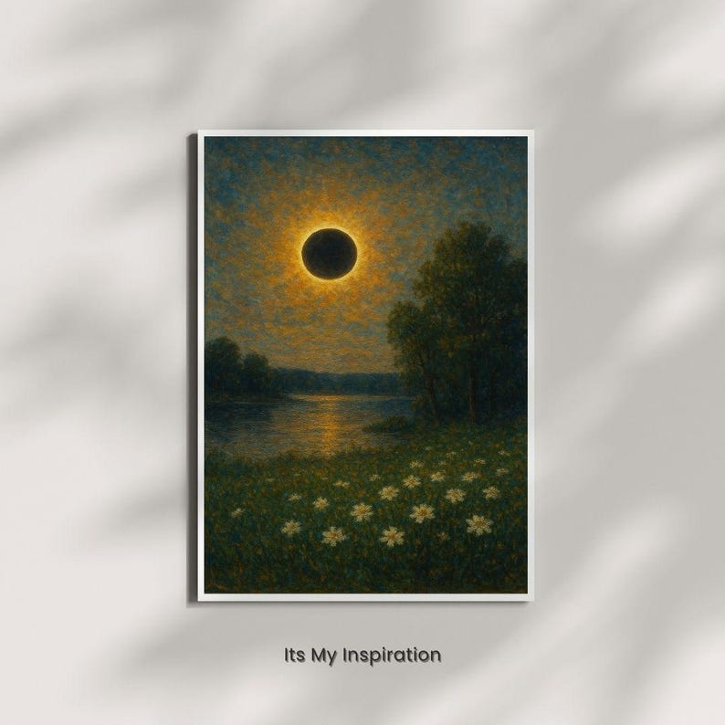 Solar Eclipse Oil Painting Art: Vintage Celestial Landscape (digital ...