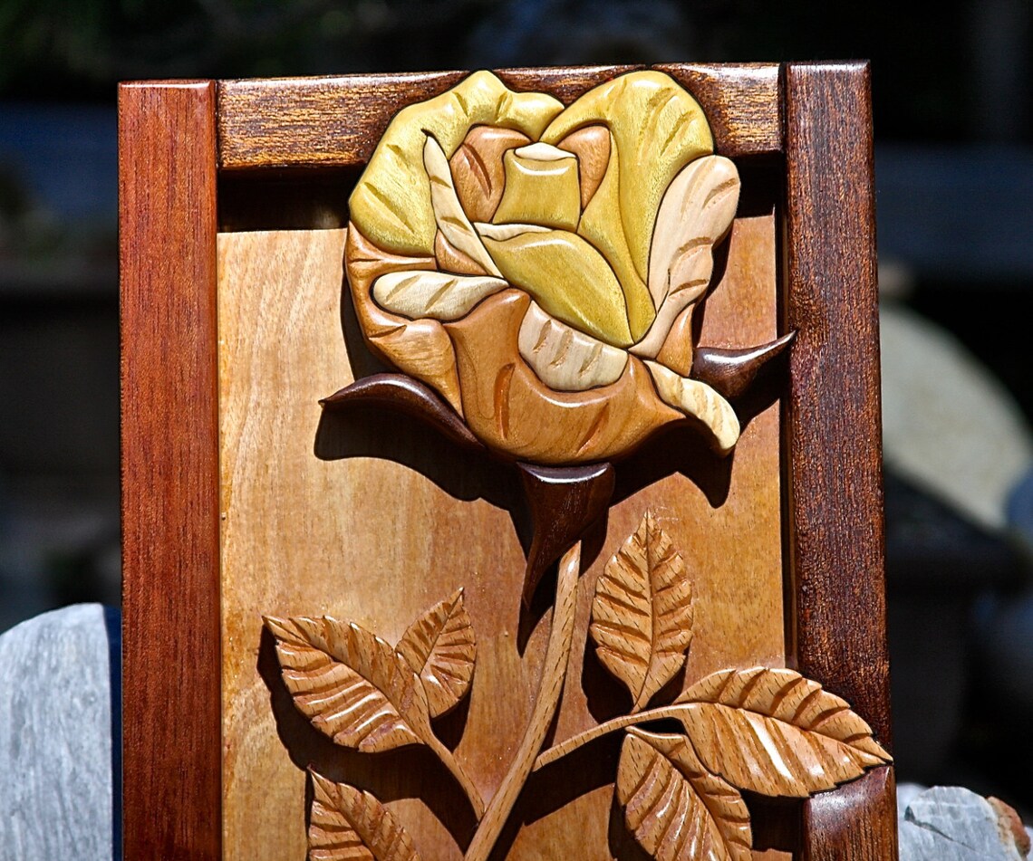 Hardwood Intarsia Rose Wall Art | Etsy
