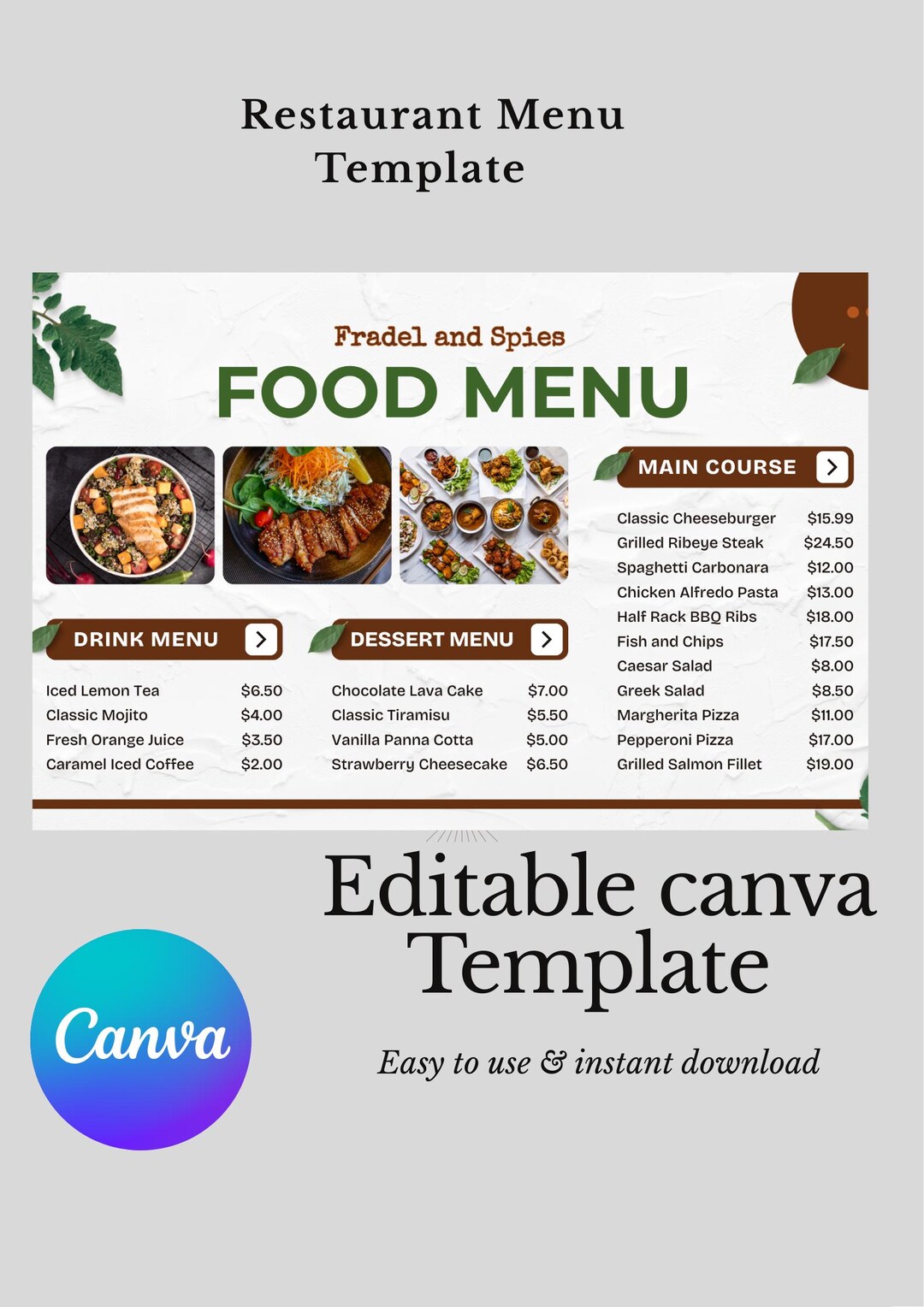 Customizable Restaurant Menu Template: Printable Food Menue - Etsy