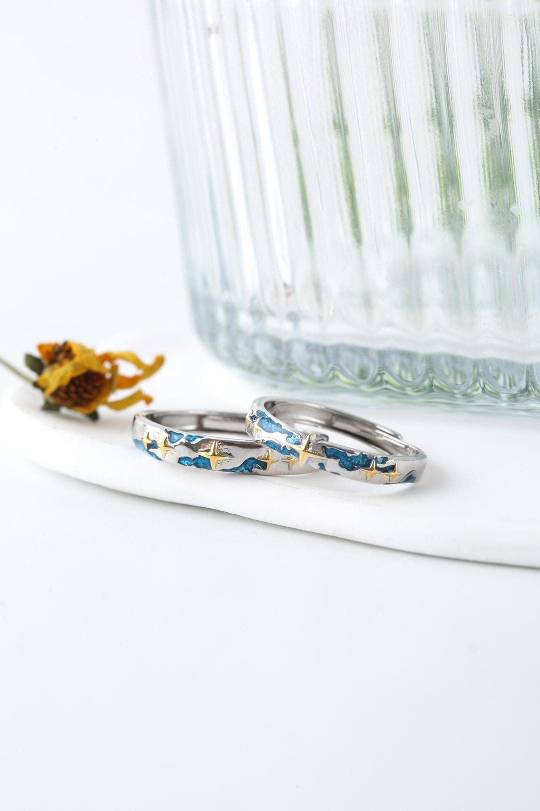 999 Sterling Silver Starry Sea Matching Rings, Adjustable, Engraved ...