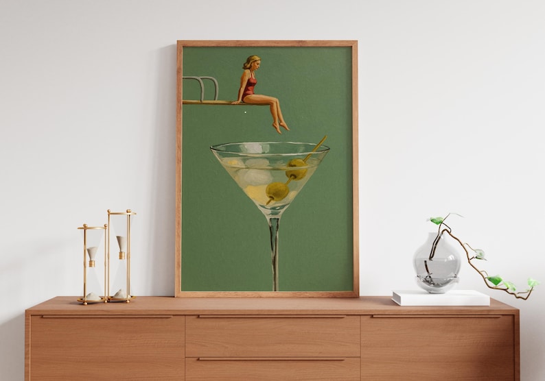Dirty Martini Diving Board – Surreal Cocktail Art Print, Olive, Bar ...