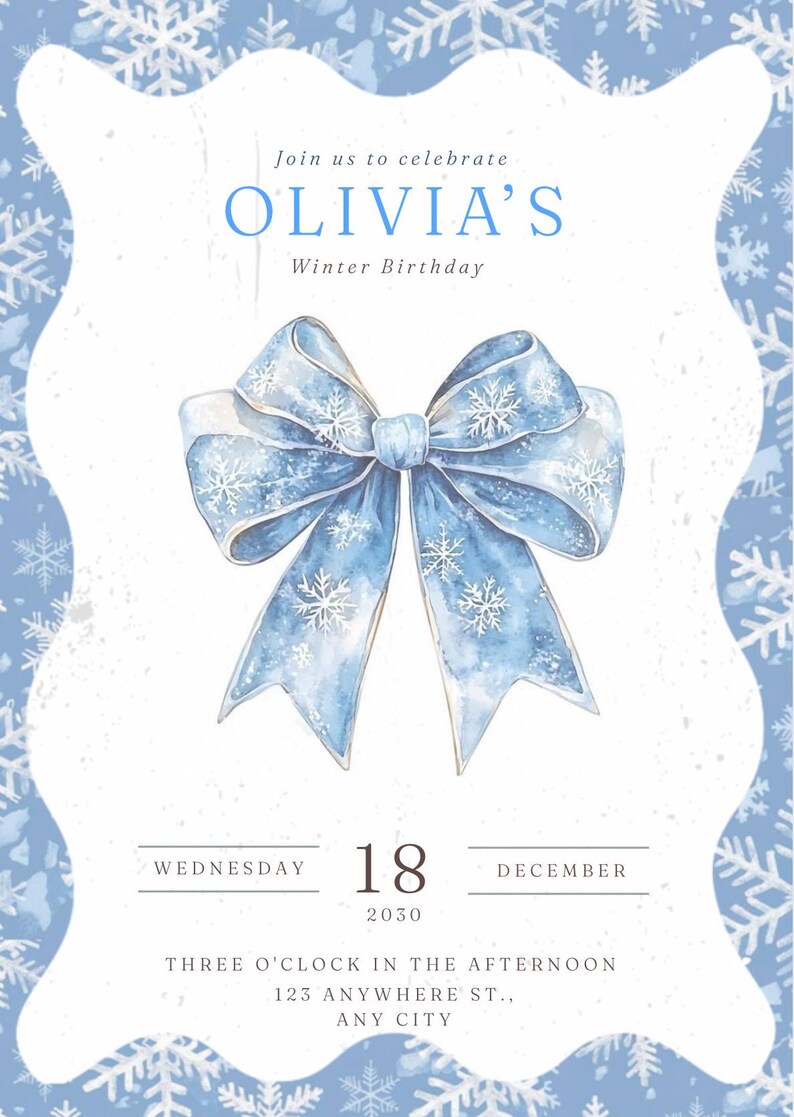 Winter Birthday Invitation December Invite Blue Snowflake Birthday ...